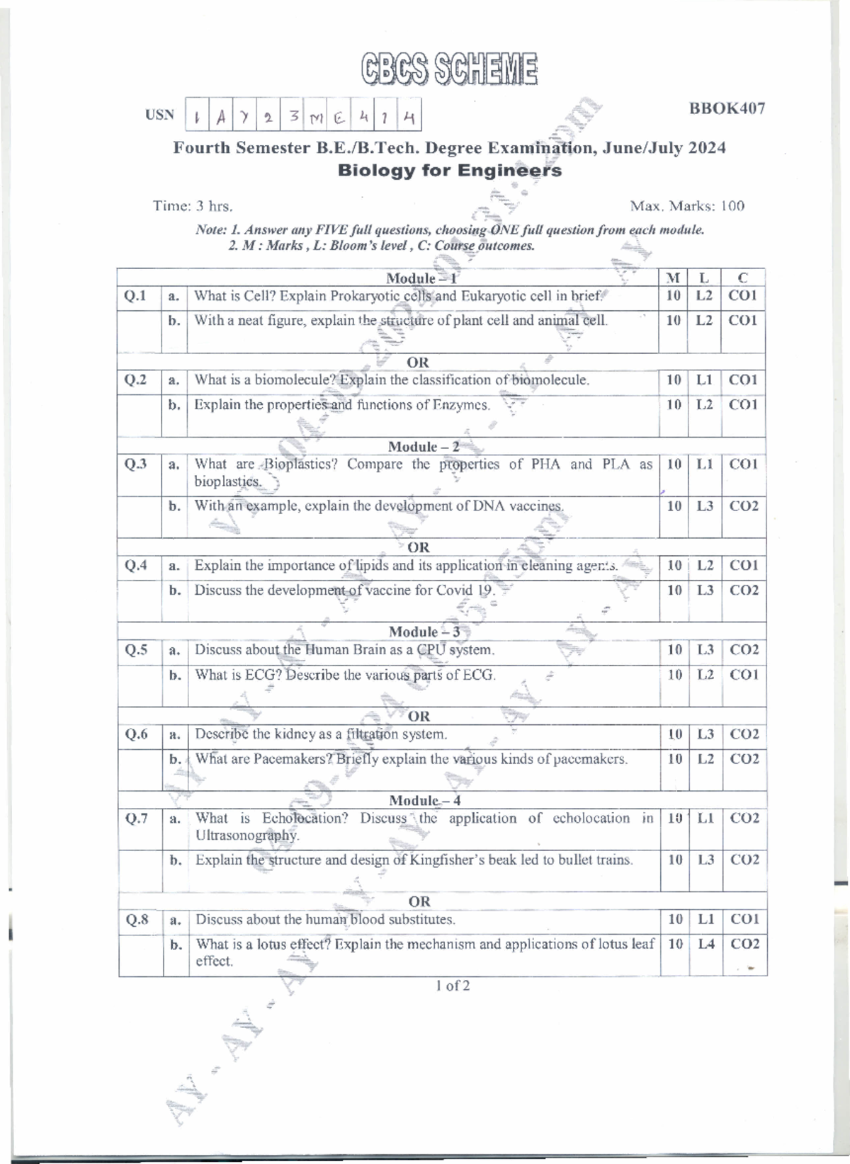 BBOK407 JUNE24 - Biology for Engineers Question Paper, June 2024 - Studocu