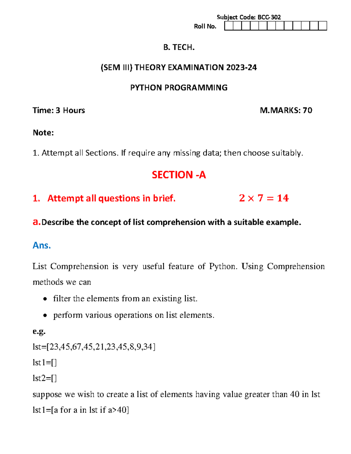 BCC-302 Python Programming Odd Sem Solved Q&A Notes - Studocu