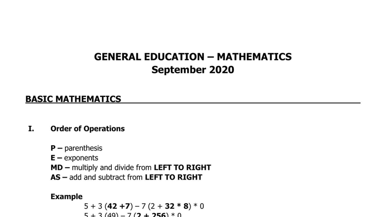 Gened MATH 101 - Basic Math Concepts and Operations Study Guide - Studocu