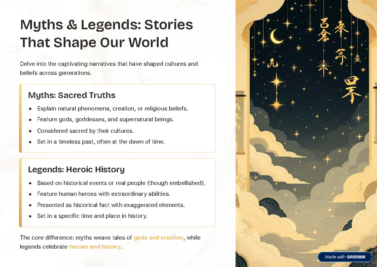 Myths and Legends: Exploring Cultural Narratives and Lessons - Studocu