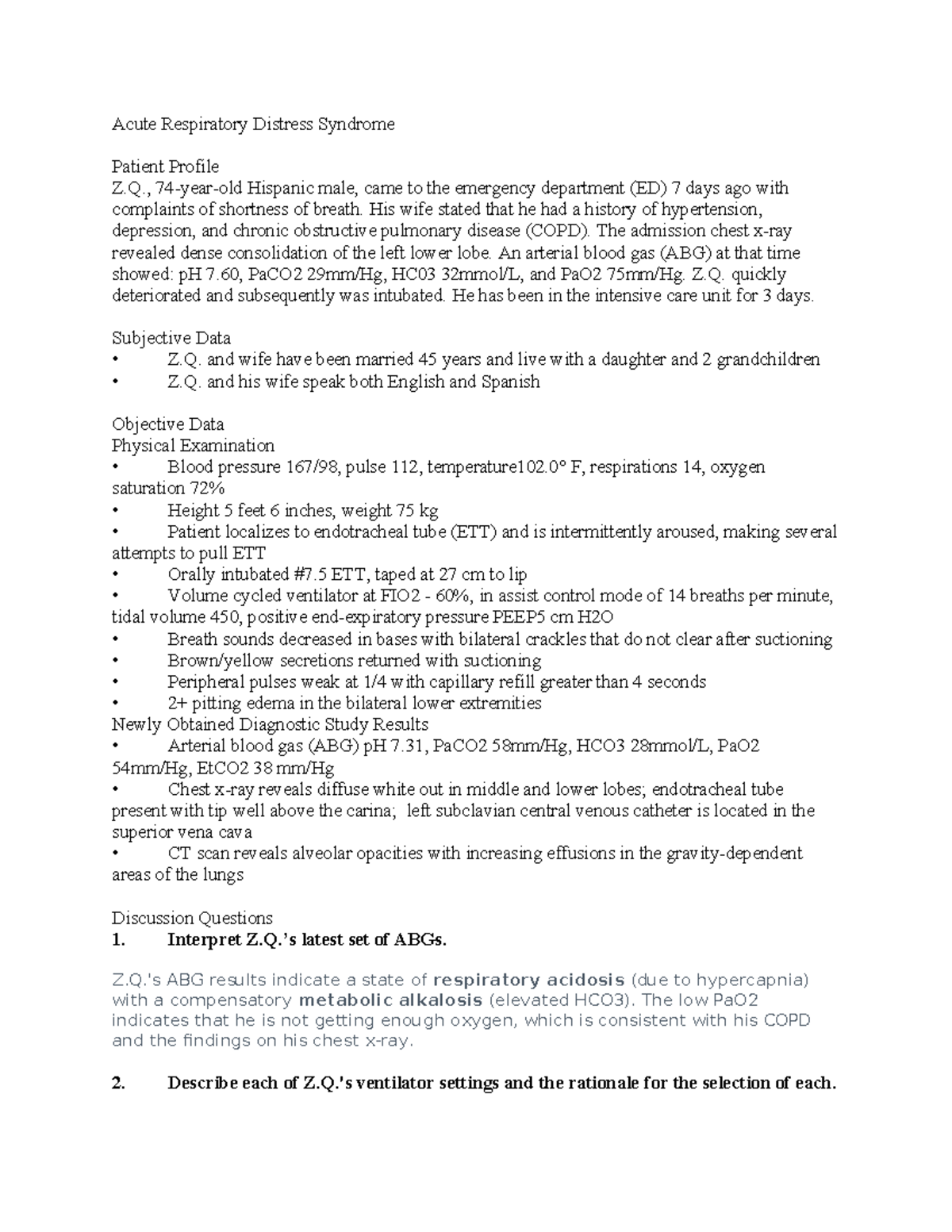 Acute Respiratory Distress Syndrome (ARDS) Case Study Analysis - Studocu