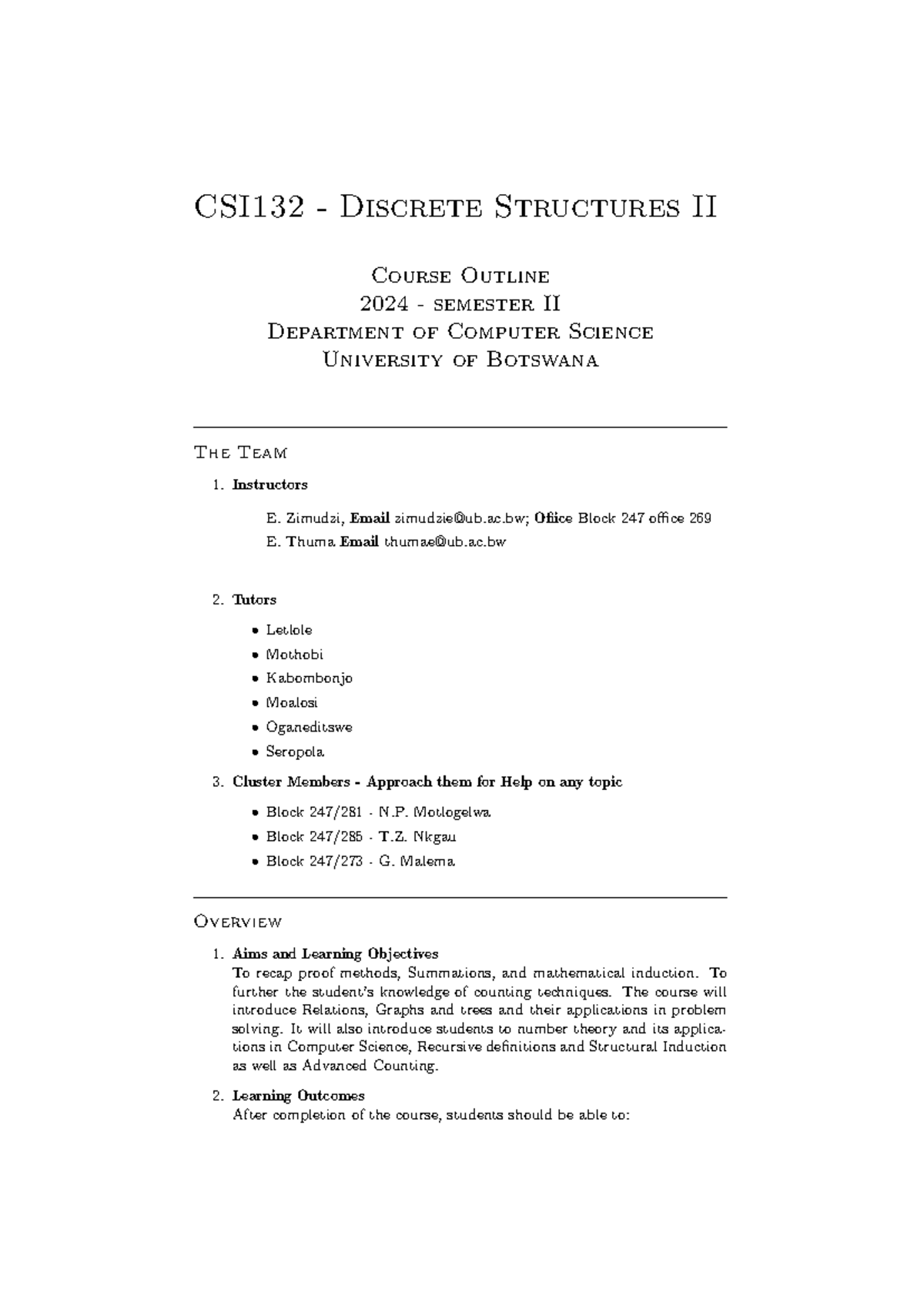 CSI132 Discrete Structures II Course Outline for Semester II 2024 - Studocu