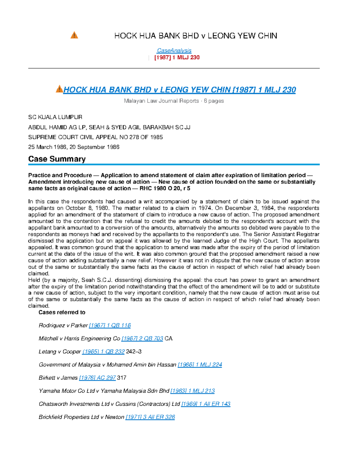 Case Analysis: HOCK HUA BANK BHD v Leong YEW CHIN, [1987] 1 MLJ 230 ...