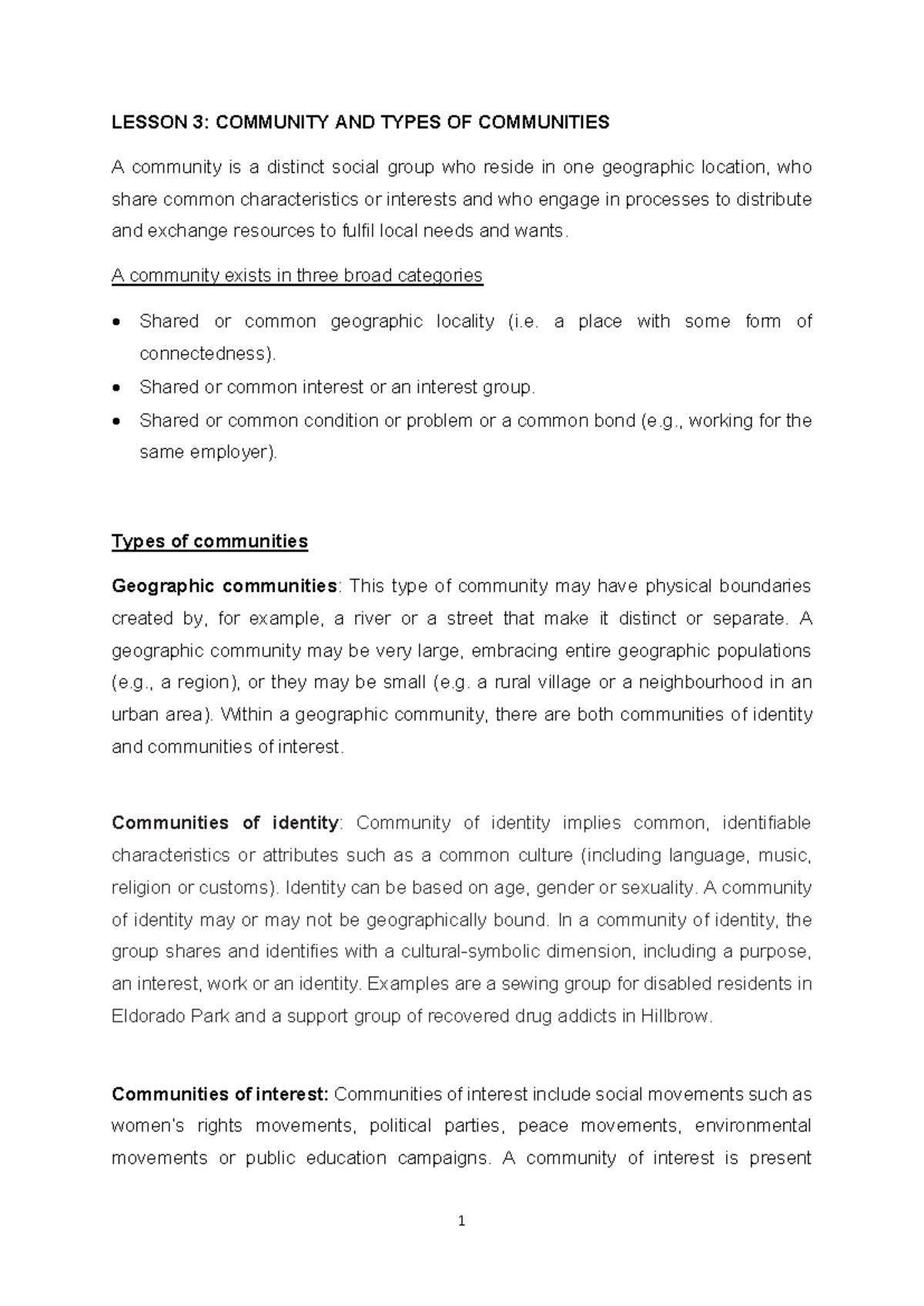 Lesson 3 Community AND Types OF Community - 1 LESSON 3: COMMUNITY AND ...