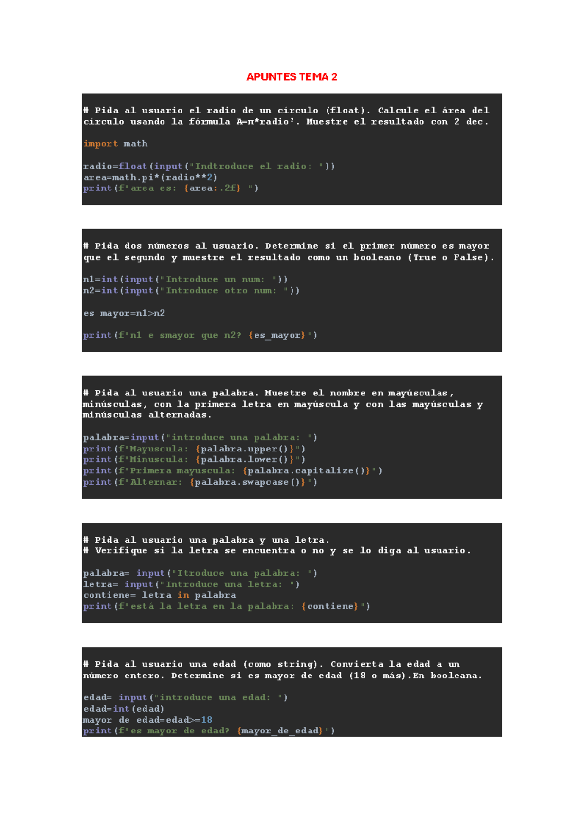 Ejercicios de Programación en Python - TEMA 2 (APUNTES) - Studocu