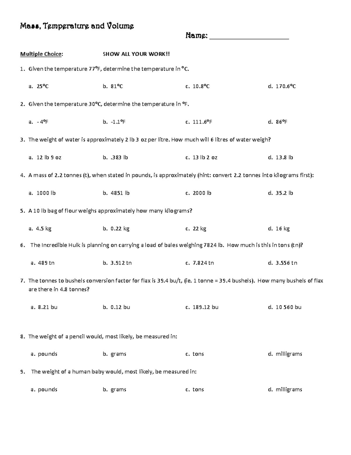Mass, Temperature, and Volume Unit Exam: Multiple Choice Questions ...