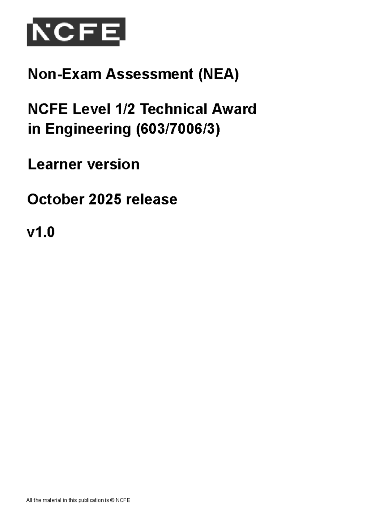 NCFE Level Technical Award in Engineering NEA Assessment Guide - Studocu