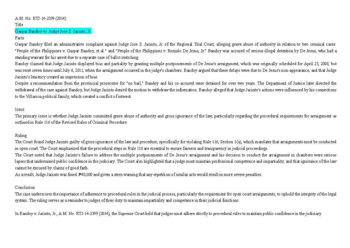 "Case Summaries on Rule 116 & 117 of the Revised Rules of Criminal ...