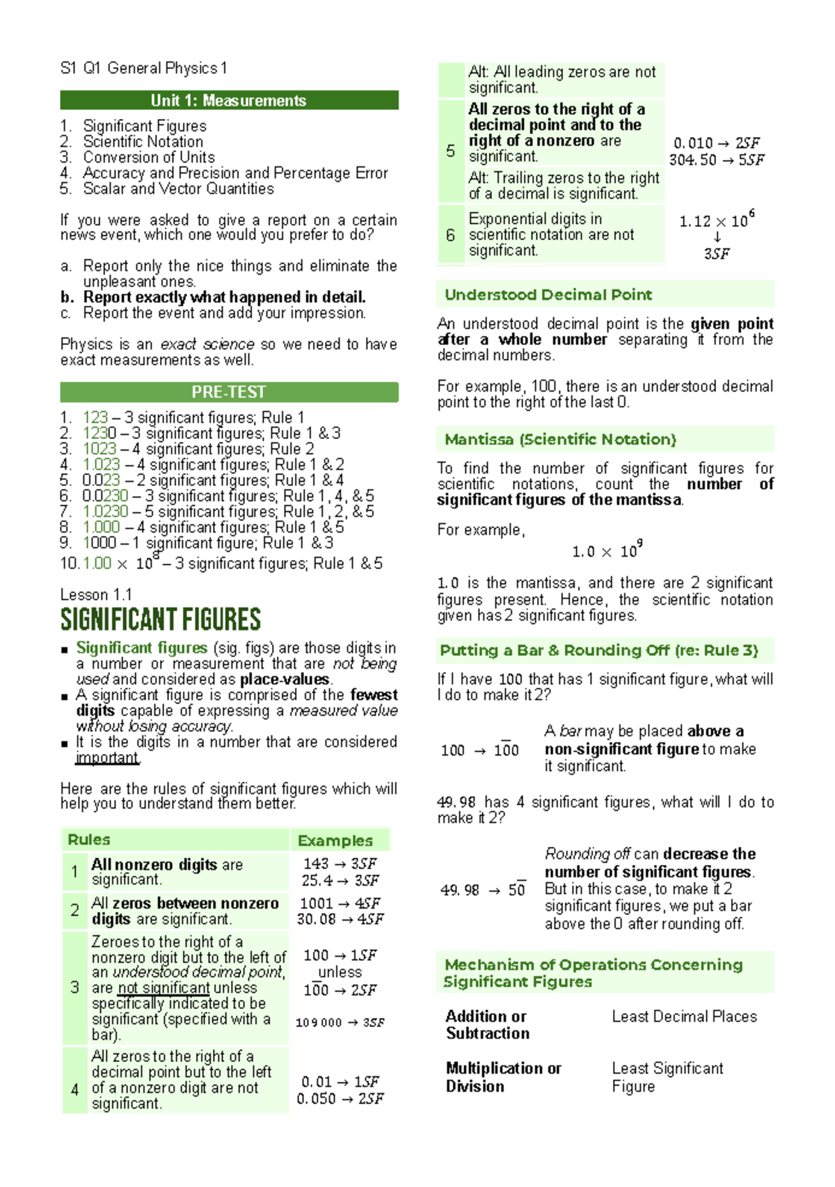 S1 Q1 General Physics 1 Unit 1: Measurements, Significant Figures ...