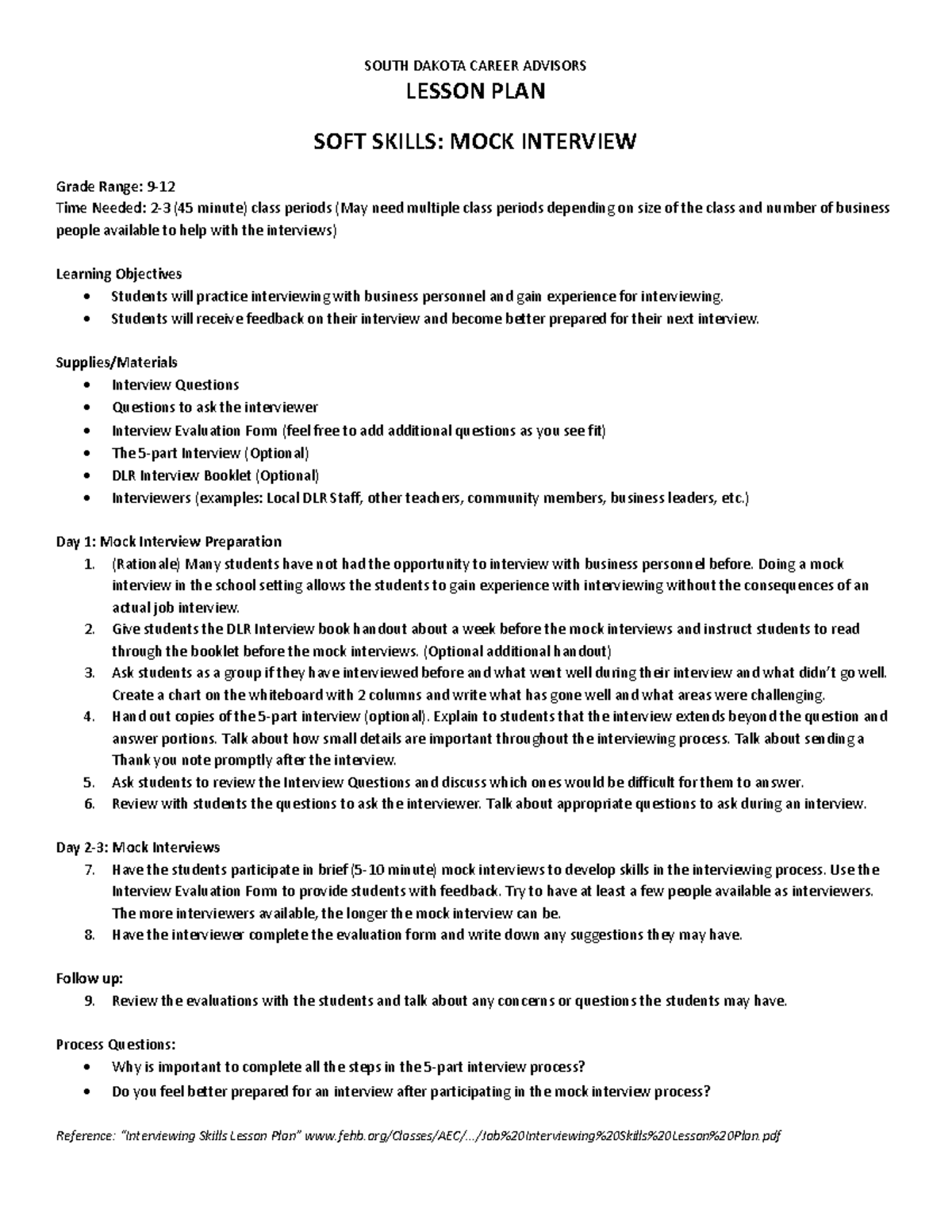 4-7 Mock Interview Lesson Plan: Building Resume & Interview Skills ...