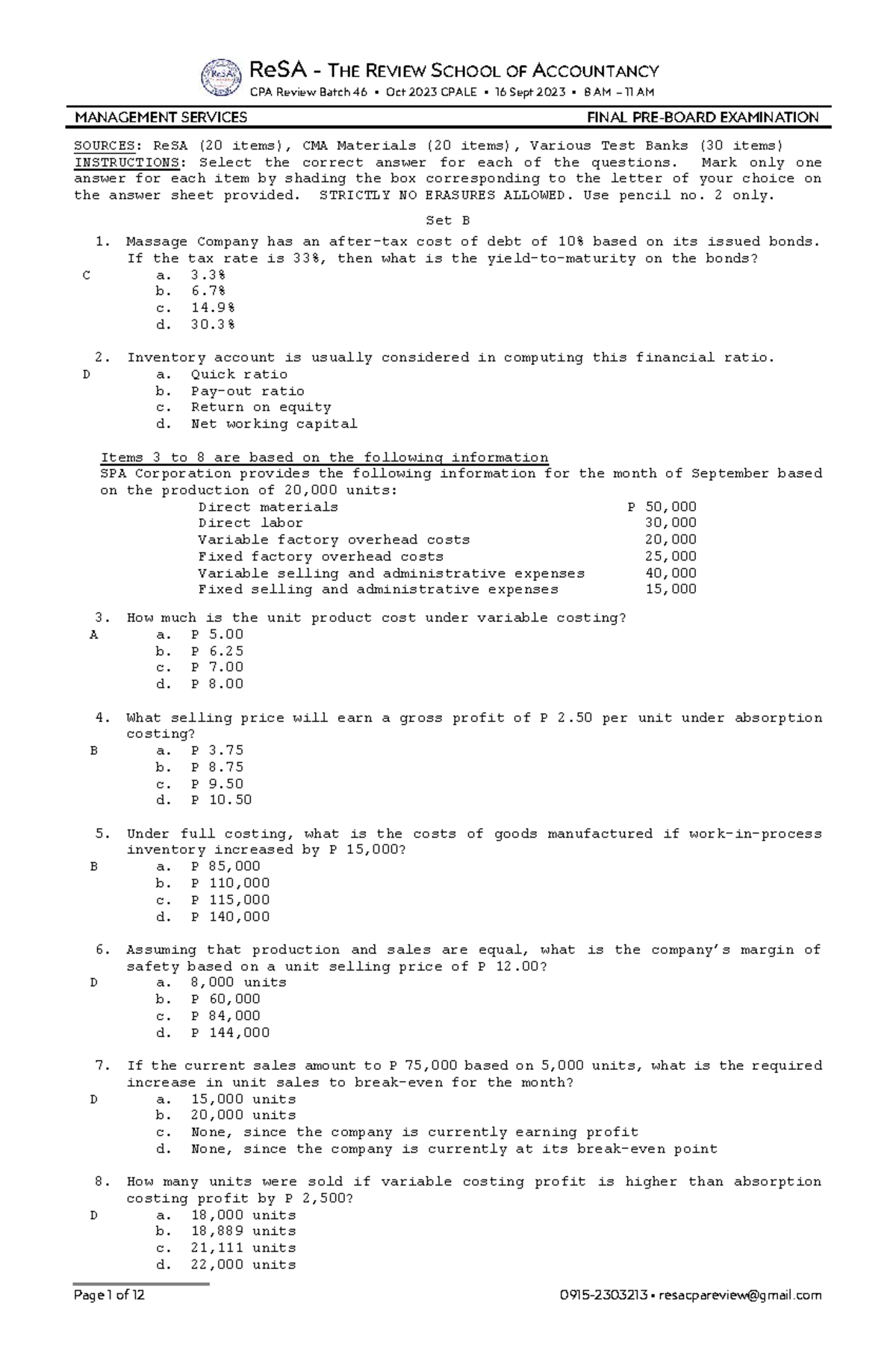 RESA 46 MAS Final PB AND Answer KEY - ReSA - THE REVIEW SCHOOL OF ...