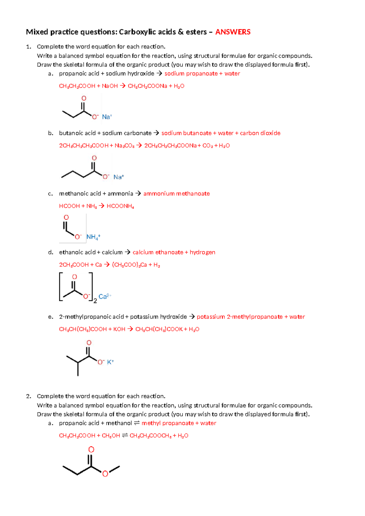 Mixed Practice Questions: Carboxylic Acids & Esters - Answers - Studocu