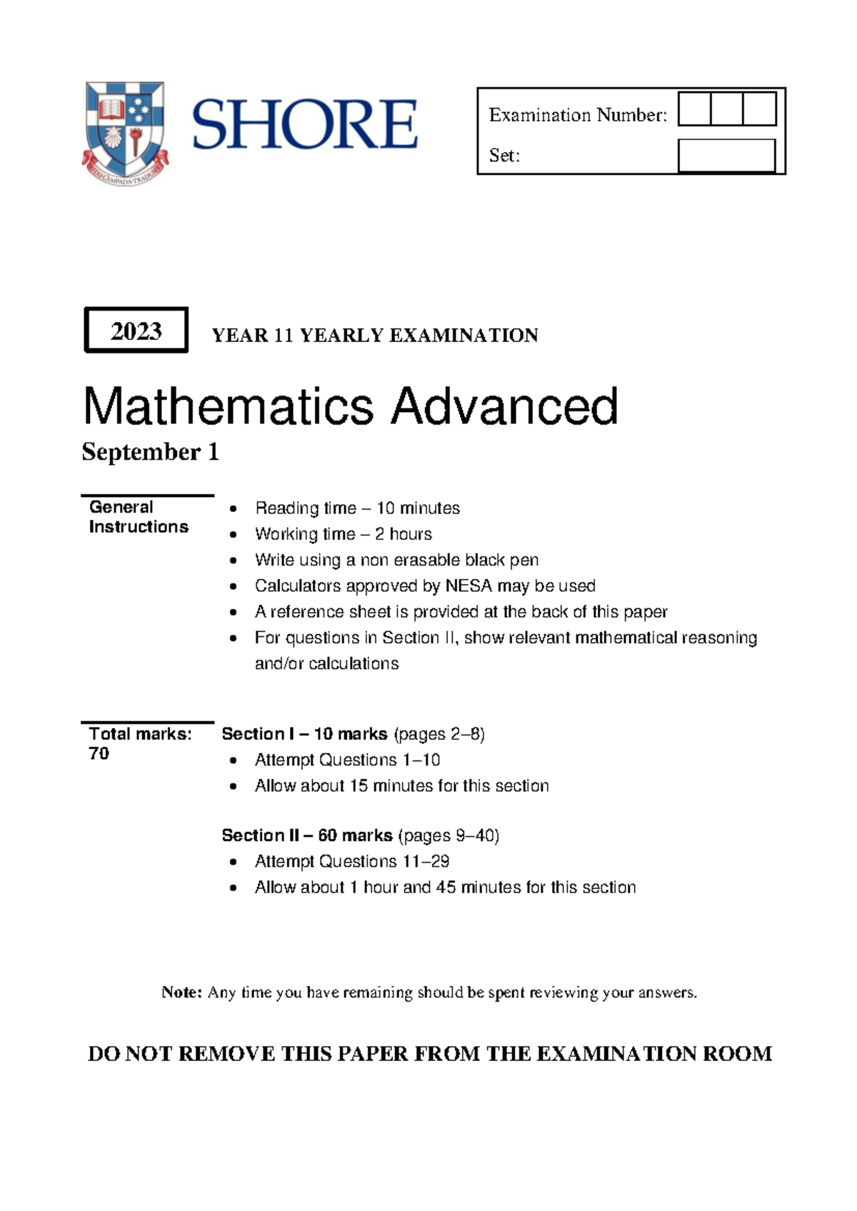 2023 YEAR 11 ADVANCED MATHS YEARLY EXAMINATION GUIDE - Studocu