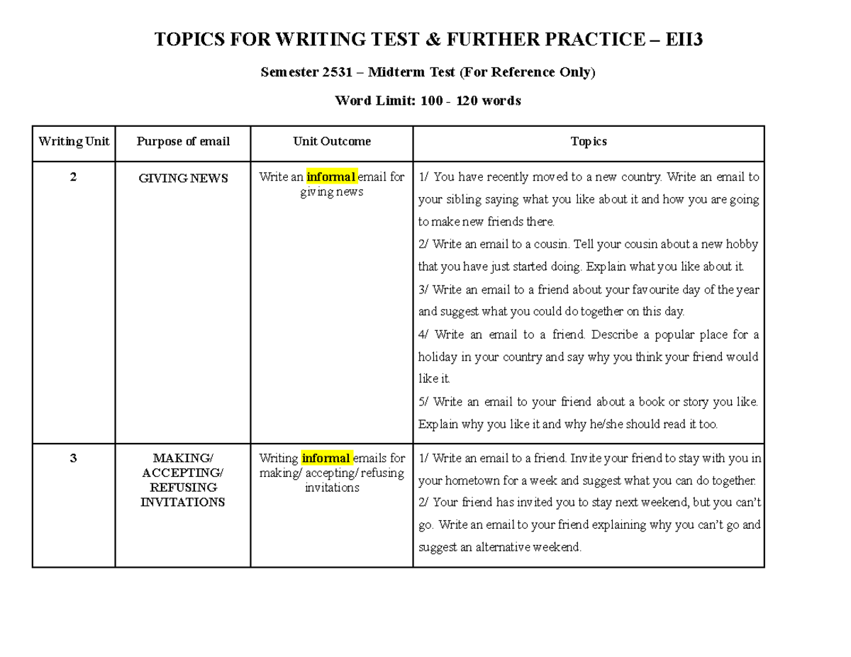 EII3 Semester 2531 Midterm Writing Test Topics for Practice - Studocu