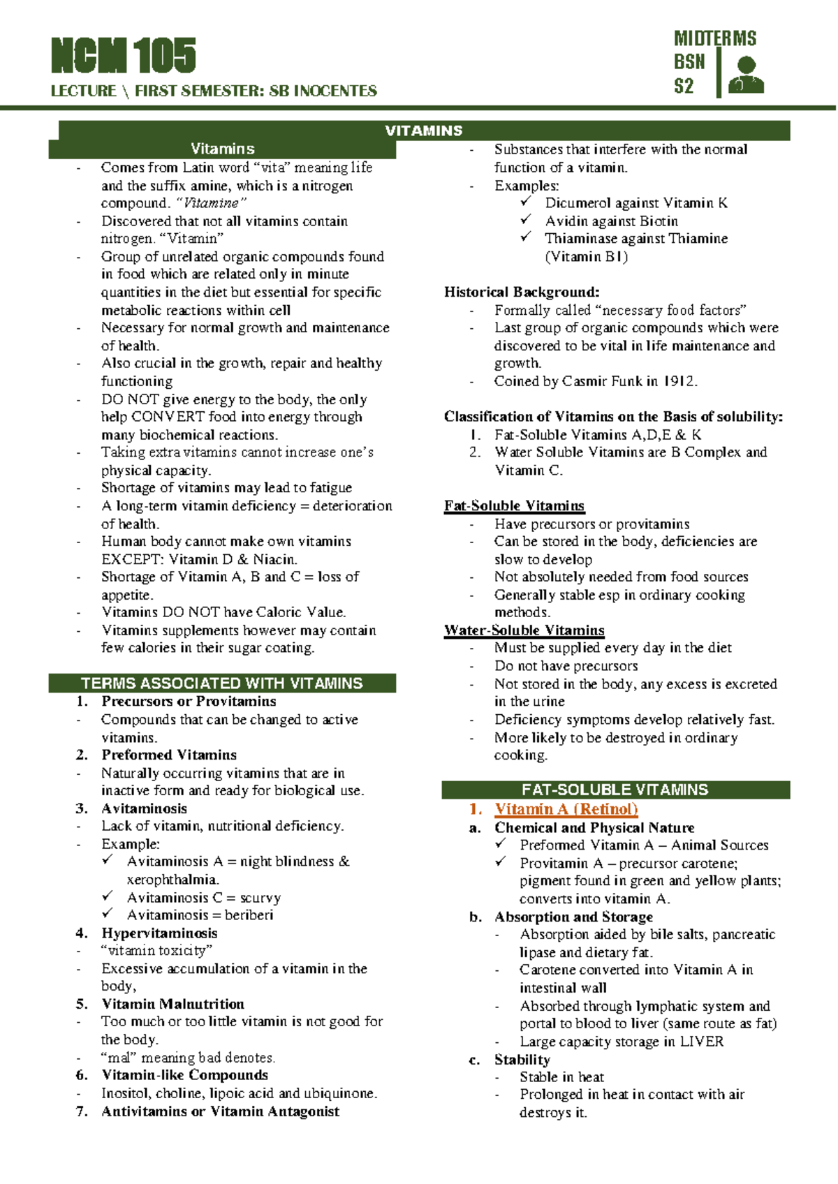 Vitamins Overview and Key Concepts - NCM 105 Lecture Notes - Studocu