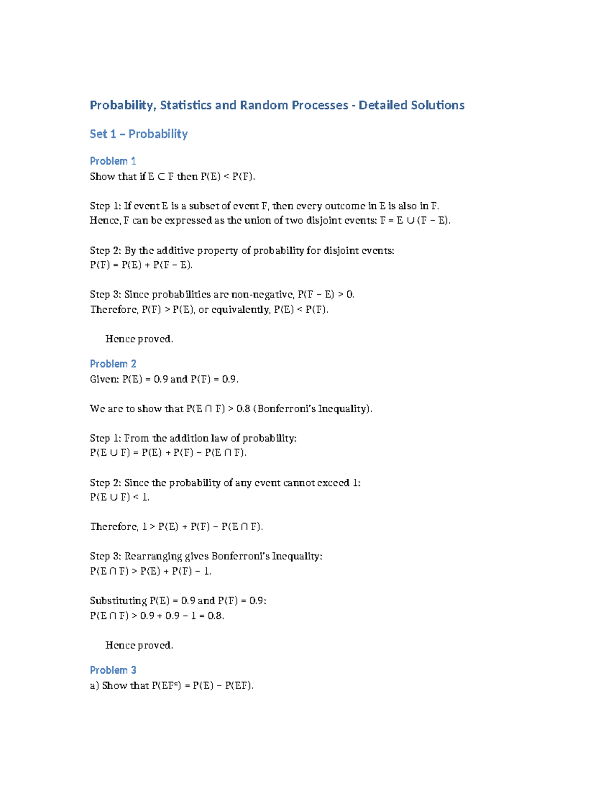 Probability, Statistics & Random Processes: Detailed Solutions Set 1 - Studocu