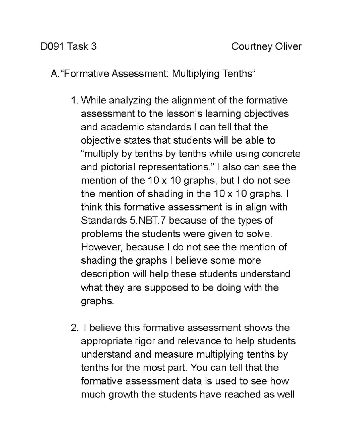 WGU D091 Task 3-passed first try - D091 Task 3 Courtney Oliver A.“Formative Assessment ...