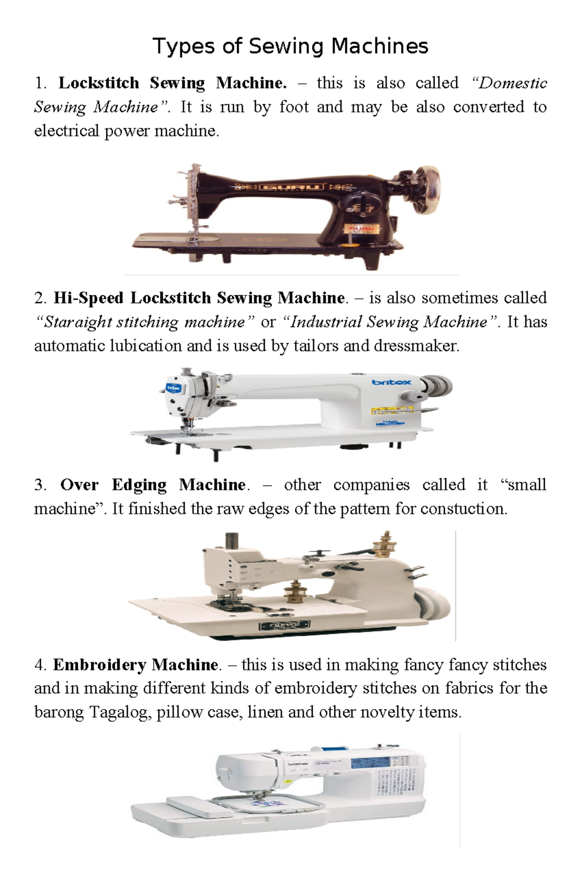 Types of Sewing Machines: Overview and Functions - Studocu