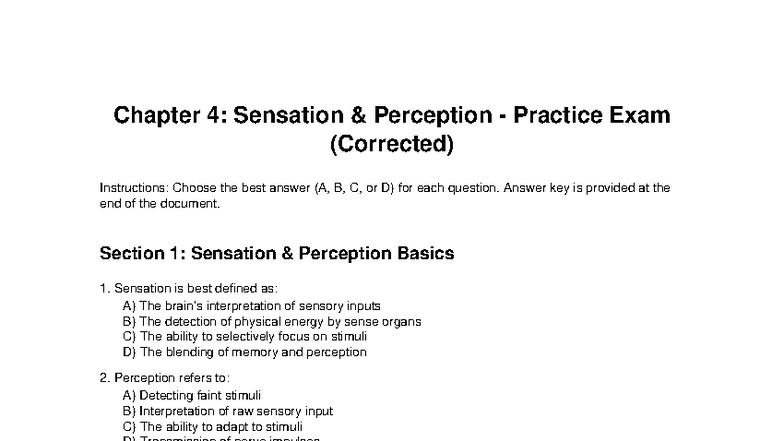 Chapter 4: Sensation & Perception Practice Exam (Corrected) - Studocu