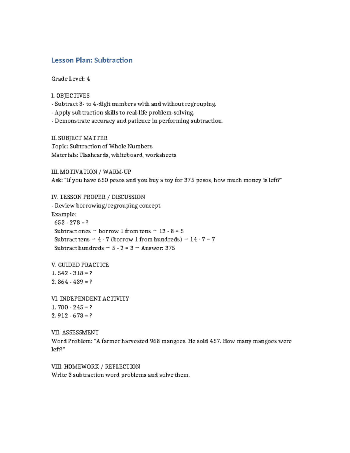 Subtraction Lesson Plan for Grade 4: Objectives & Activities - Studocu