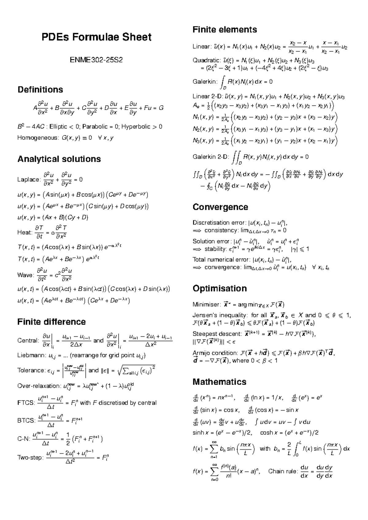 ENME302-25S2 Finite Element Method Formulae Sheet - Studocu