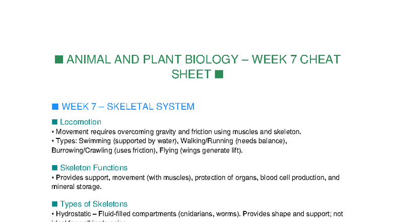 Animal and Plant Biology (BIO101) Week 7 Cheat Sheet: Skeletal System ...