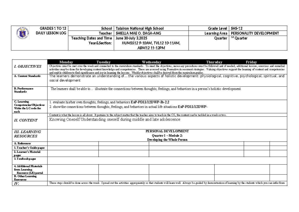 DLL - Perdev - Week 3: Holistic Development Objectives and Activities ...