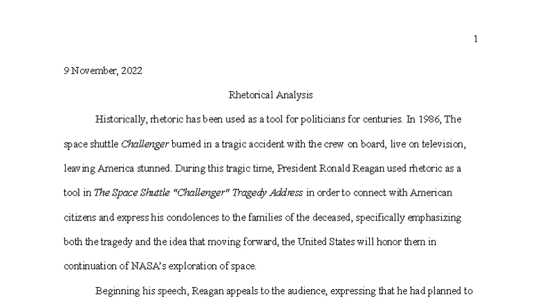 Rhetorical Analysis Essay: The Space Shuttle Challenger Tragedy - Studocu