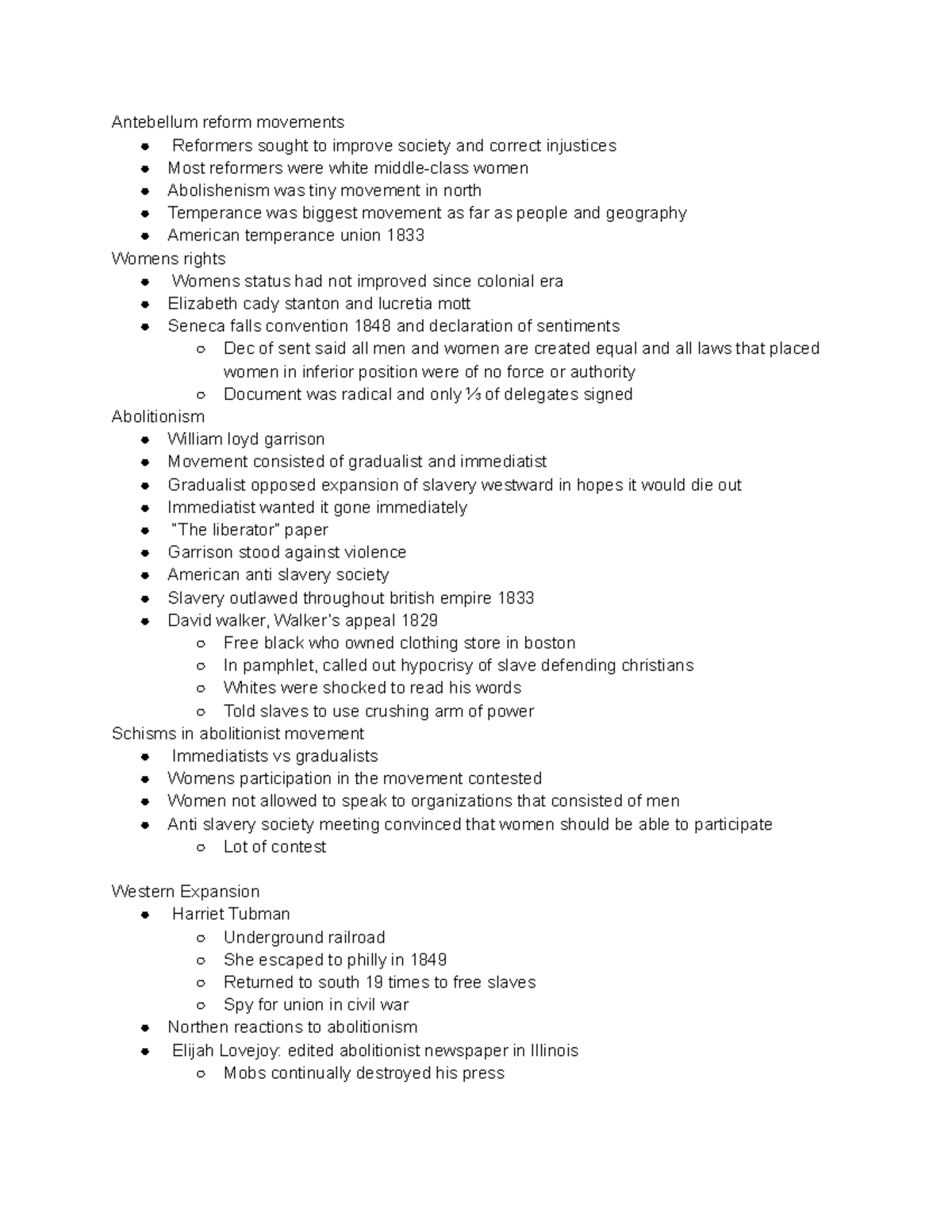 Hist 105 Final Exam Study Notes: Antebellum Reform Movements - Studocu