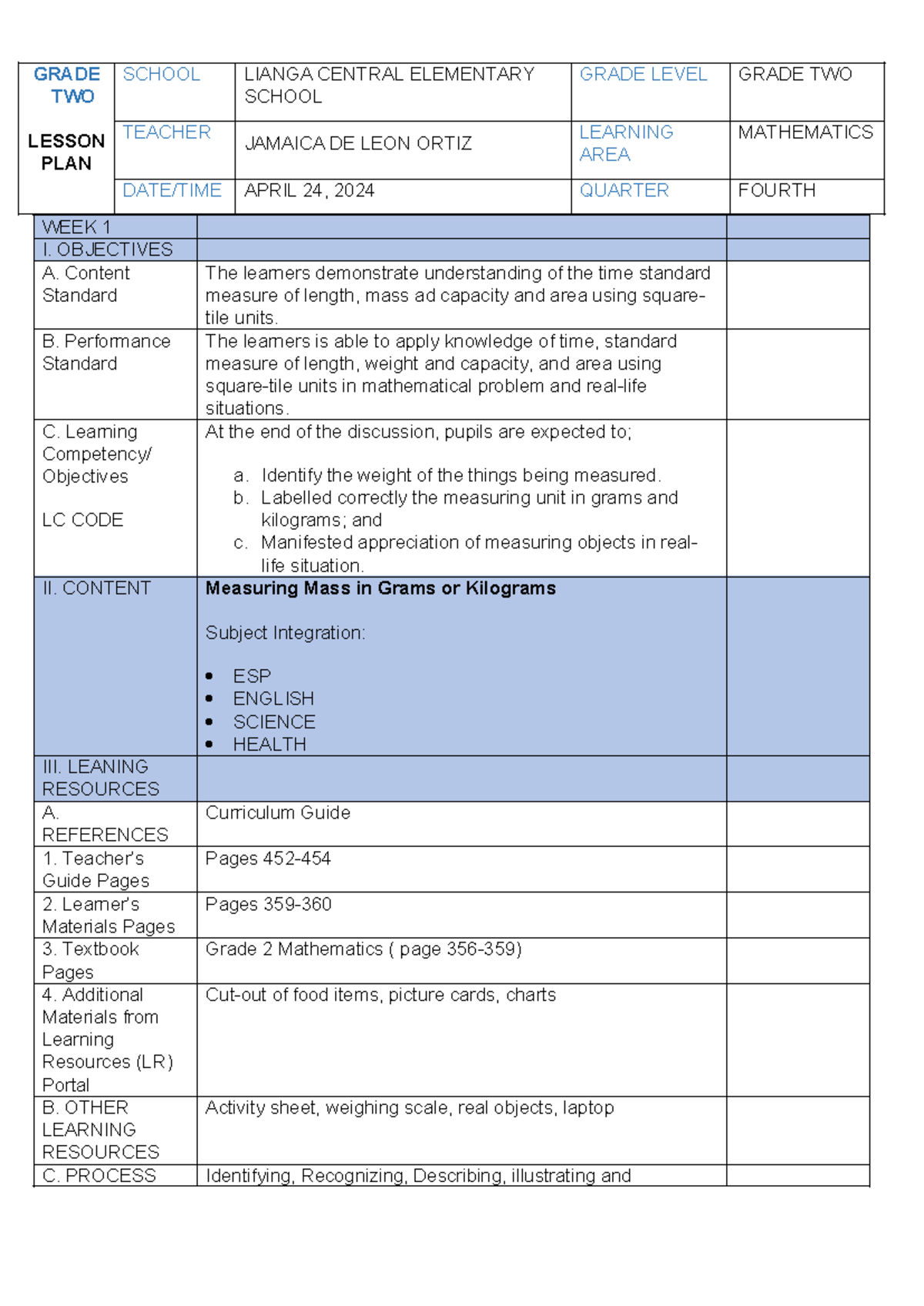 Lesson Plan for MATH-LP: Measuring Mass in Grade 2 Mathematics - Studocu