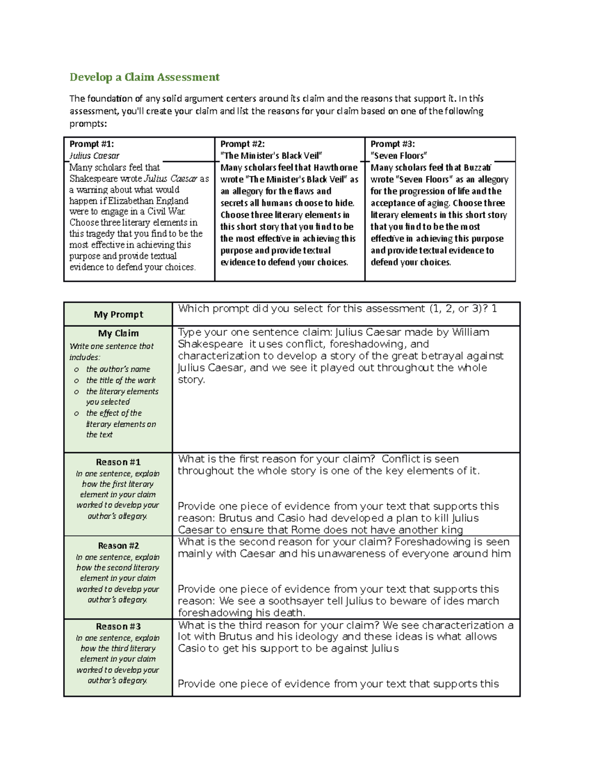 Claim Assessment: Analyzing Literary Elements in Julius Caesar - Studocu