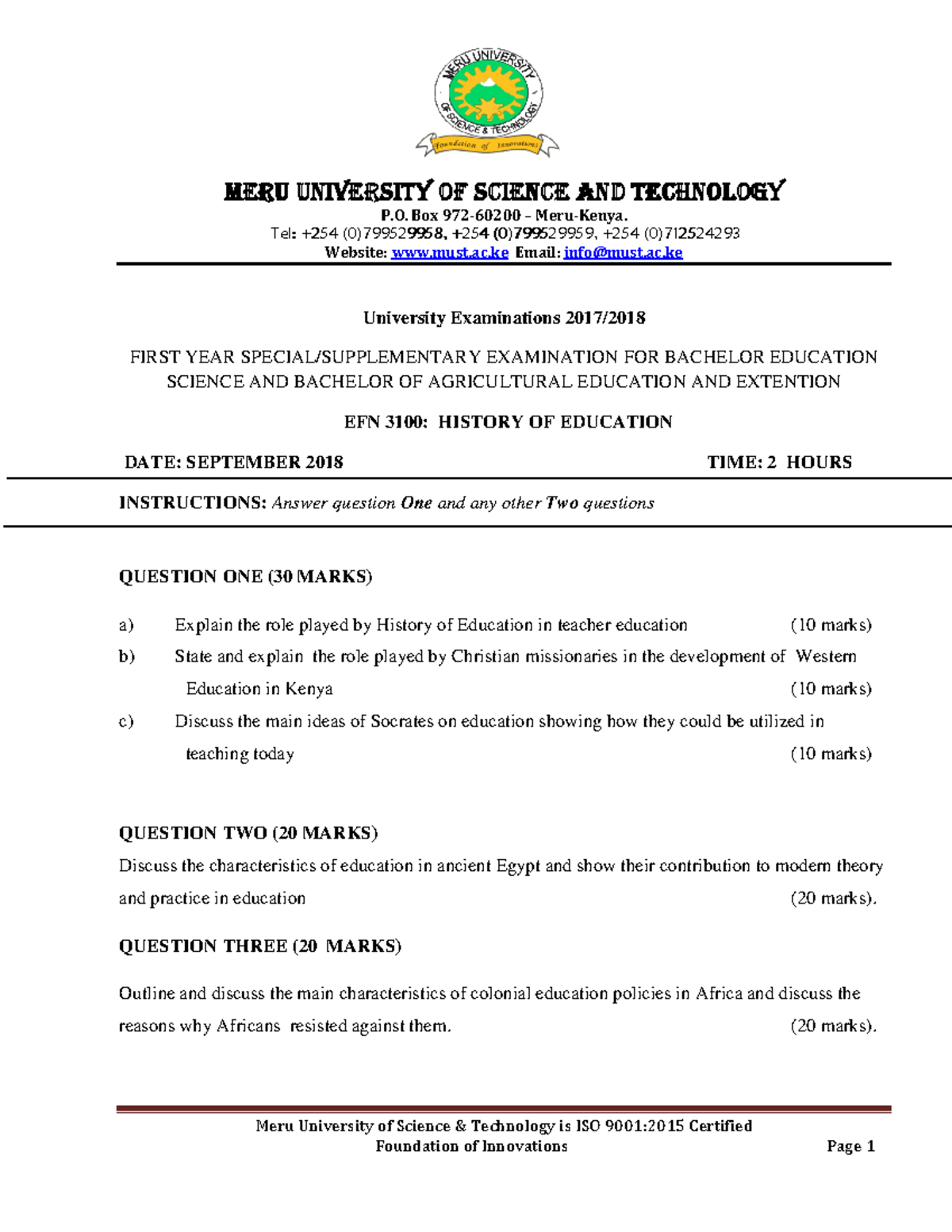 EFN 3100: History of Education - First Year Exam Notes - Studocu