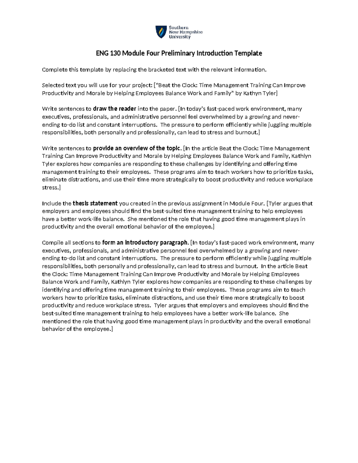 ENG 130 Module Four Introductory Paragraph on Time Management Training ...