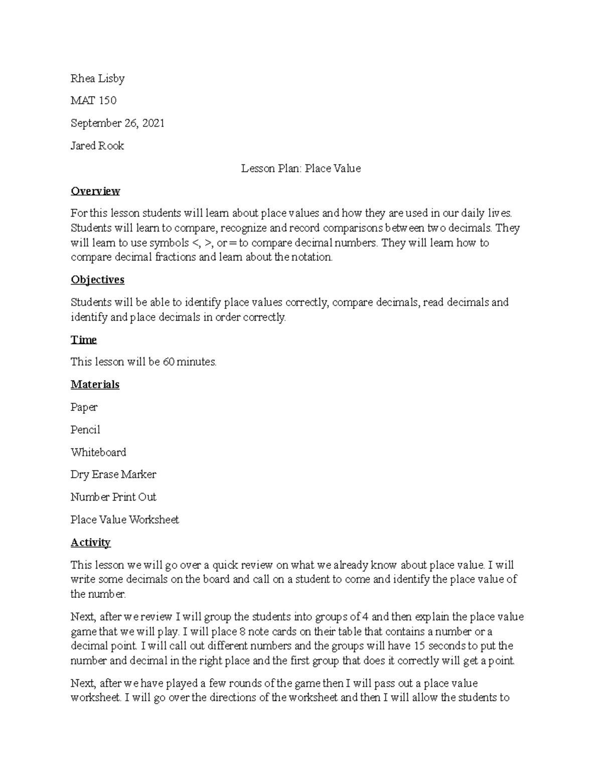 MAT 150 Lesson Plan: Understanding Place Value and Decimals - Studocu