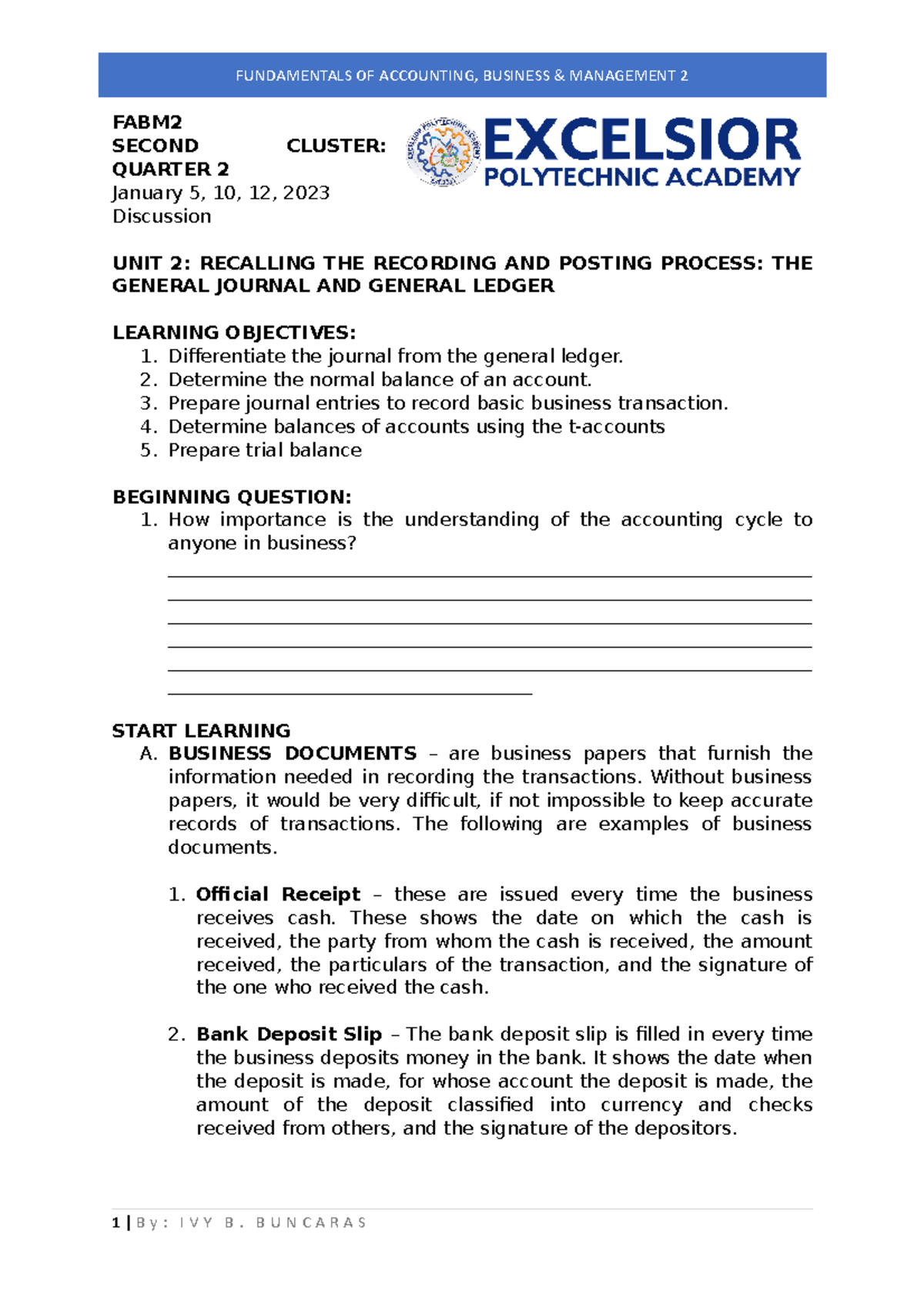 Quarter 2 FABM2 Business Processes and Journal Entries Overview - Studocu