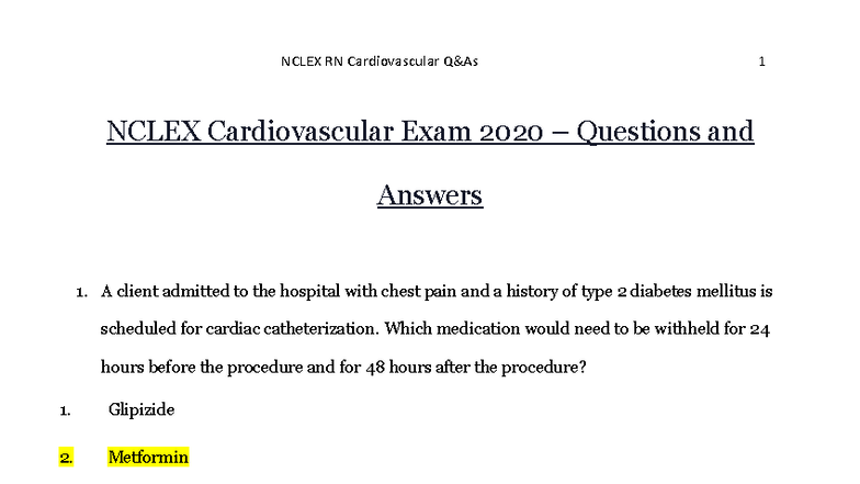 NCLEX RN Cardiovascular Exam 2020: Questions & Answers Review - Studocu