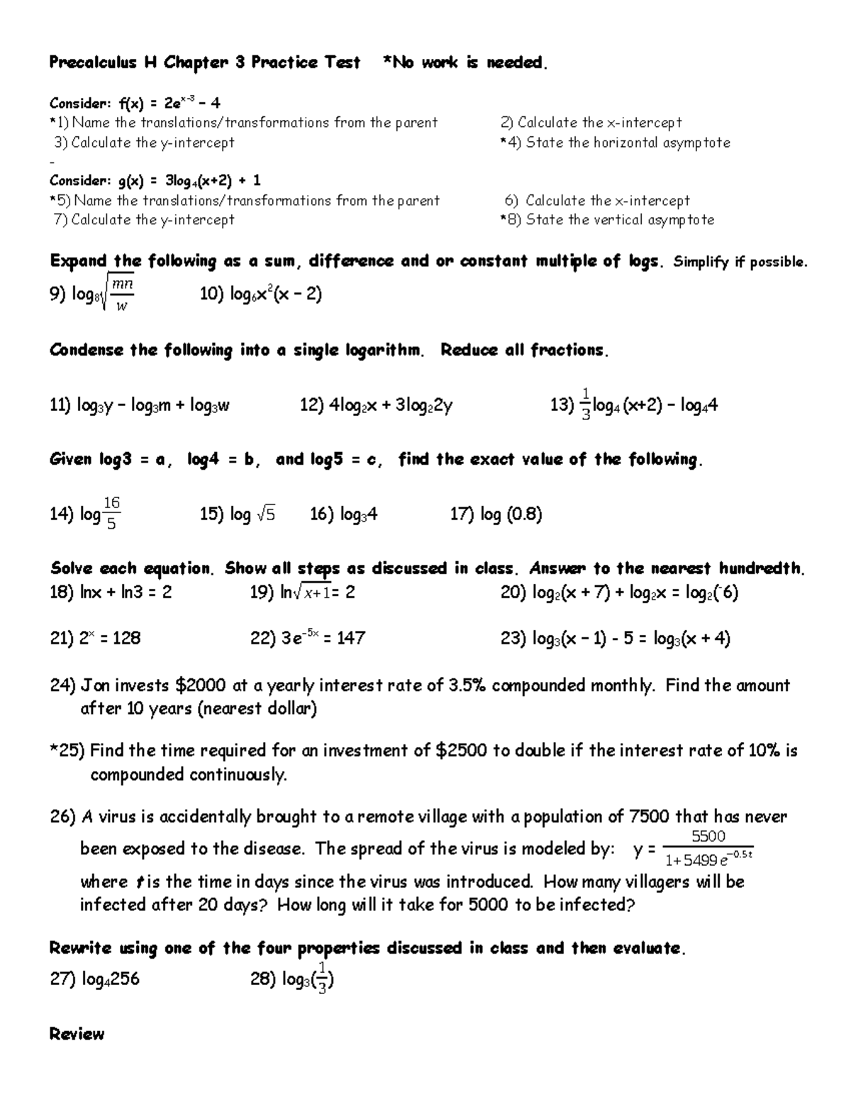 Chap+3+Practice+Test - Precalculus H Chapter 3 Practice Test *No work ...