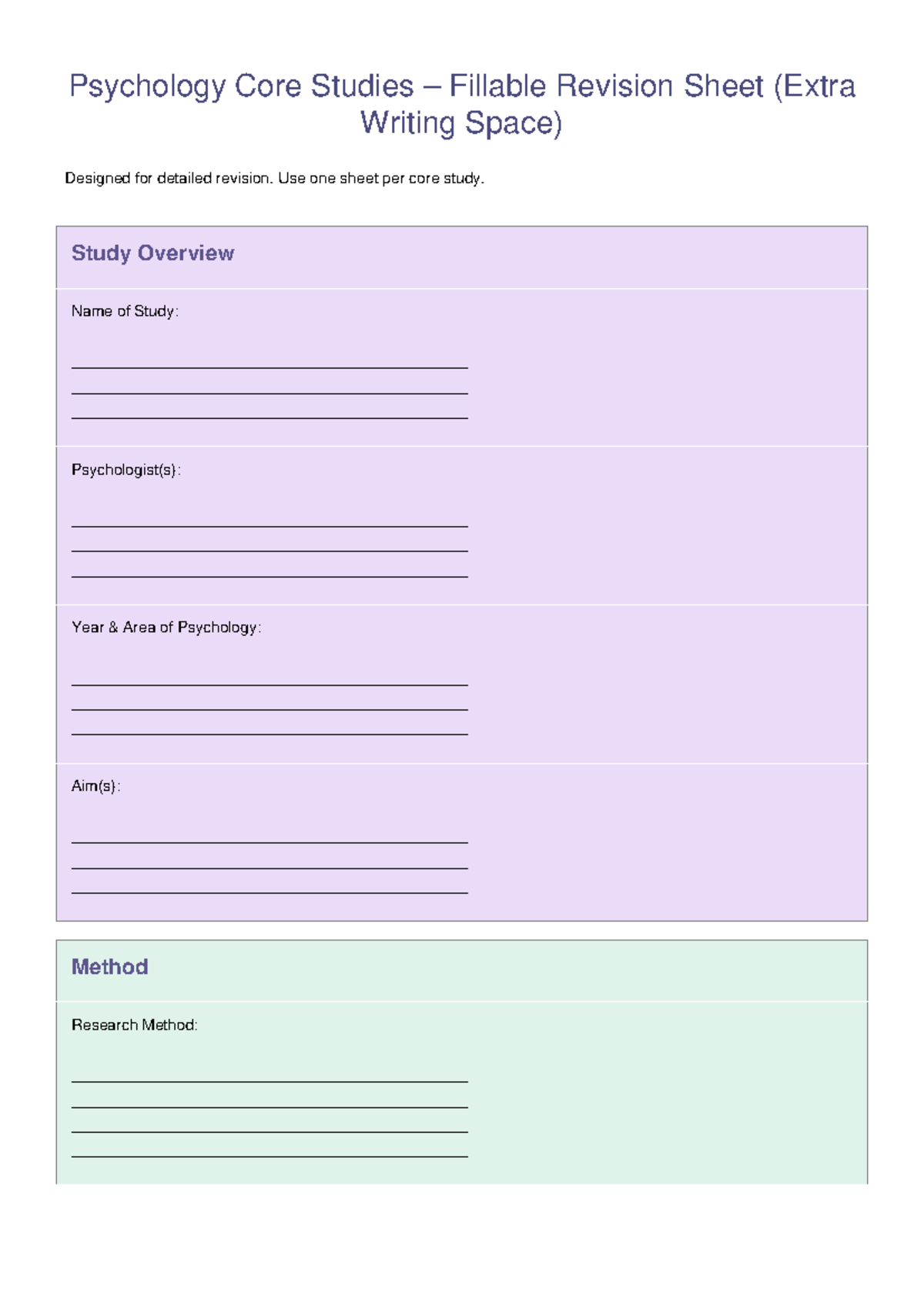 Psychology Core Studies Fillable Revision Sheet Extra Space ...