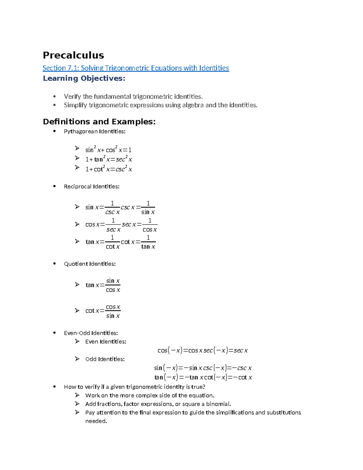 Precalculus (MATH101) Final Exam: Trigonometric Identities & Equations ...