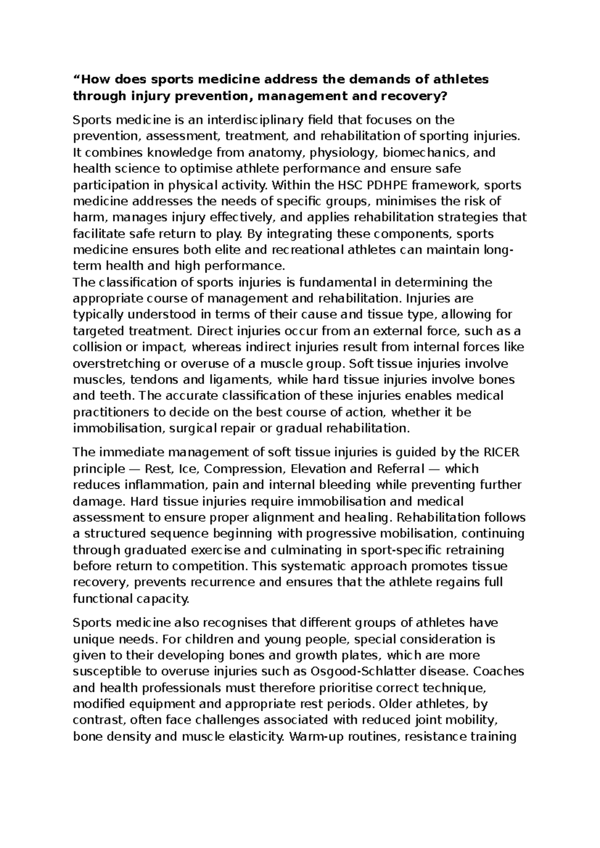 HSC PDHPE Sample Essay: Sports Medicine in Athlete Care and Recovery ...