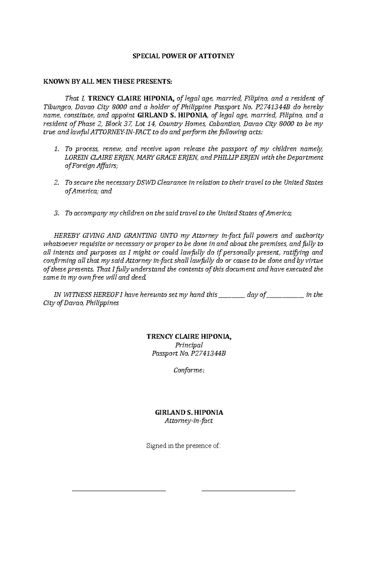 SPA DFA Power of Attorney Template - Legal Document Sample - Studocu