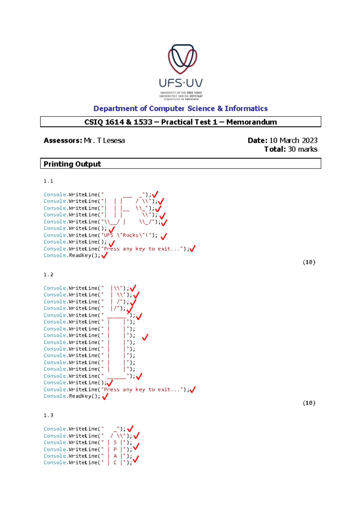 Practical Test 1 Memorandum - Department of Computer Science ...