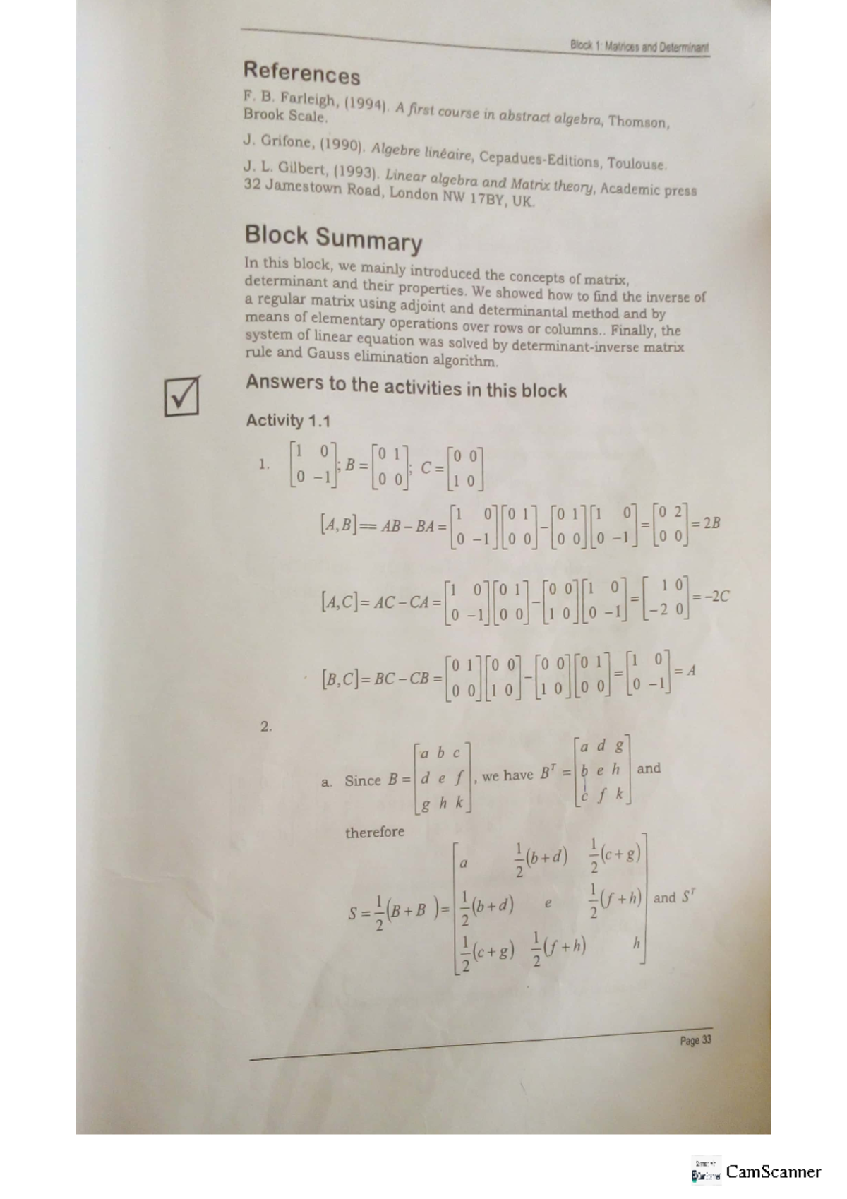 L.A Answers TO CHAP1 - Block 1: Matrices and Determinant References F ...