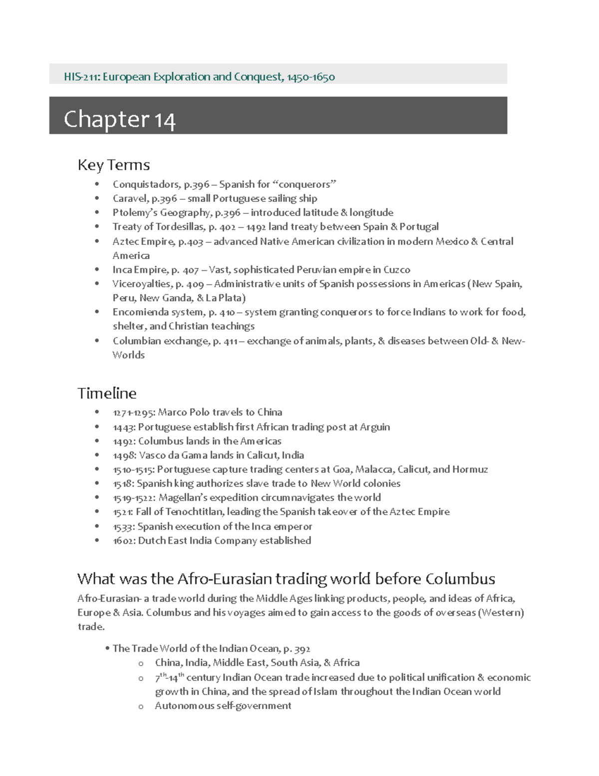 HIS-211 Chapter 14 Notes: European Exploration & Conquest - Studocu