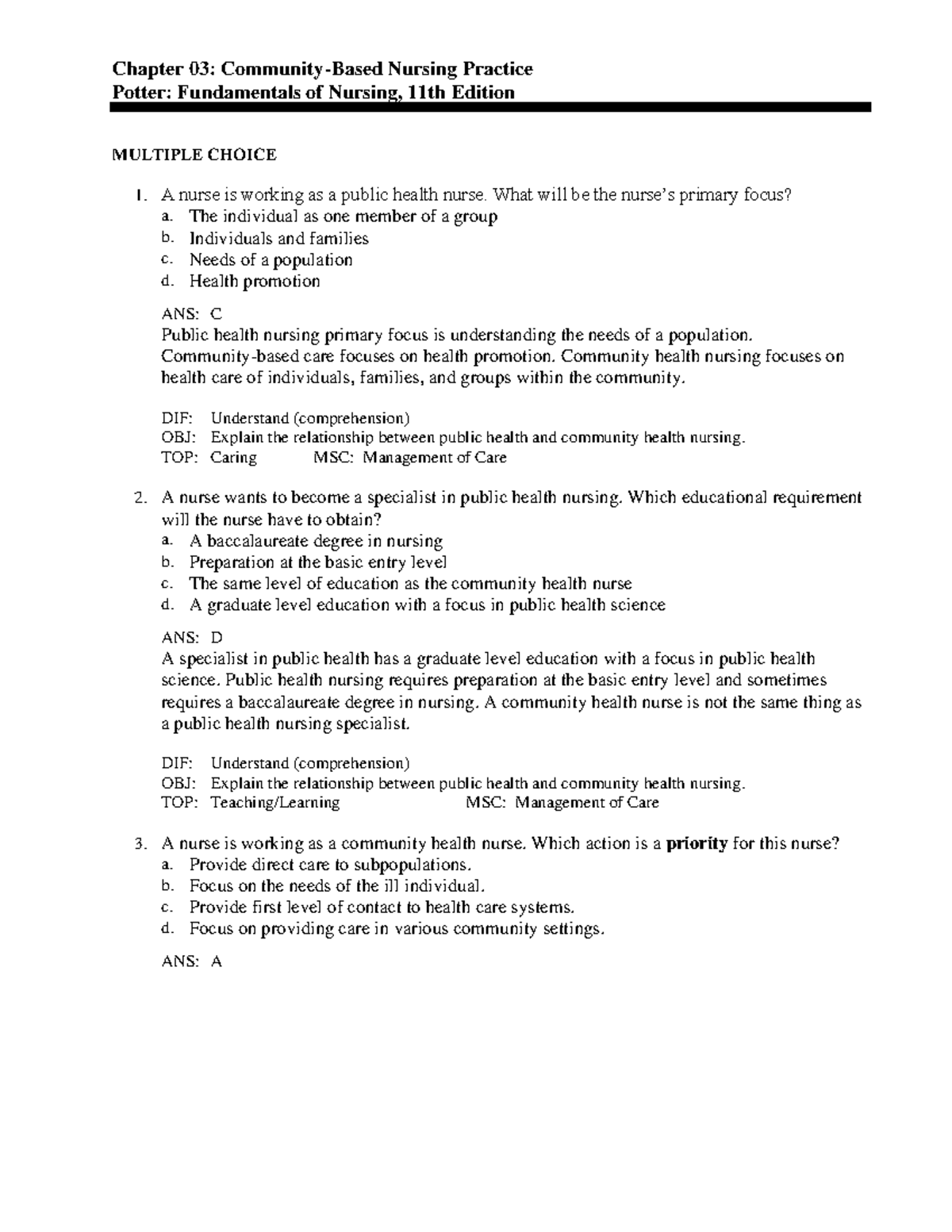 Community-Based Nursing Practice: Key Concepts from Chapter 03 - Studocu