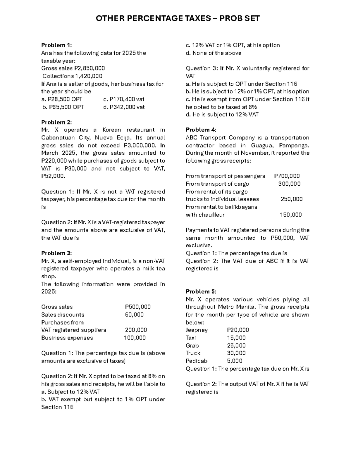 TAX-PROB-SET: Business Tax Problem Set for 2025 - Studocu