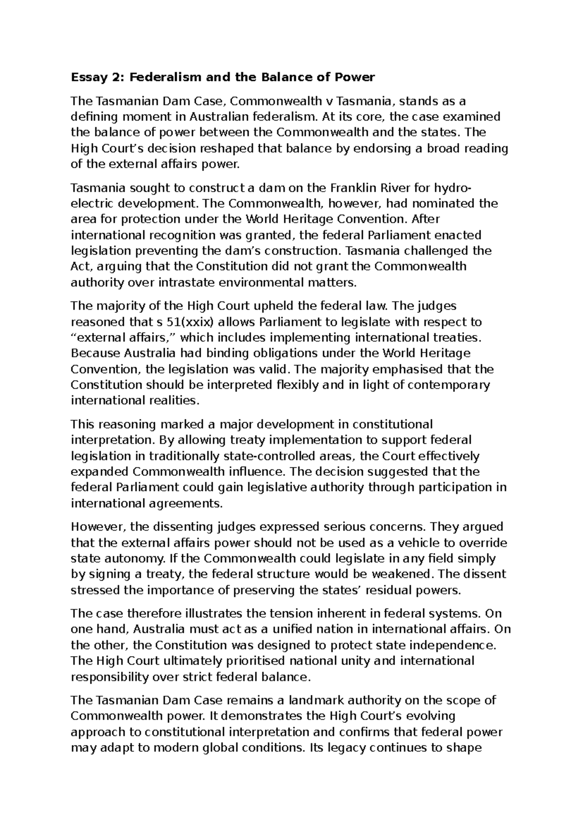 Essay 2: Federalism & Power Balance in Tasmanian Dam Case - Studocu