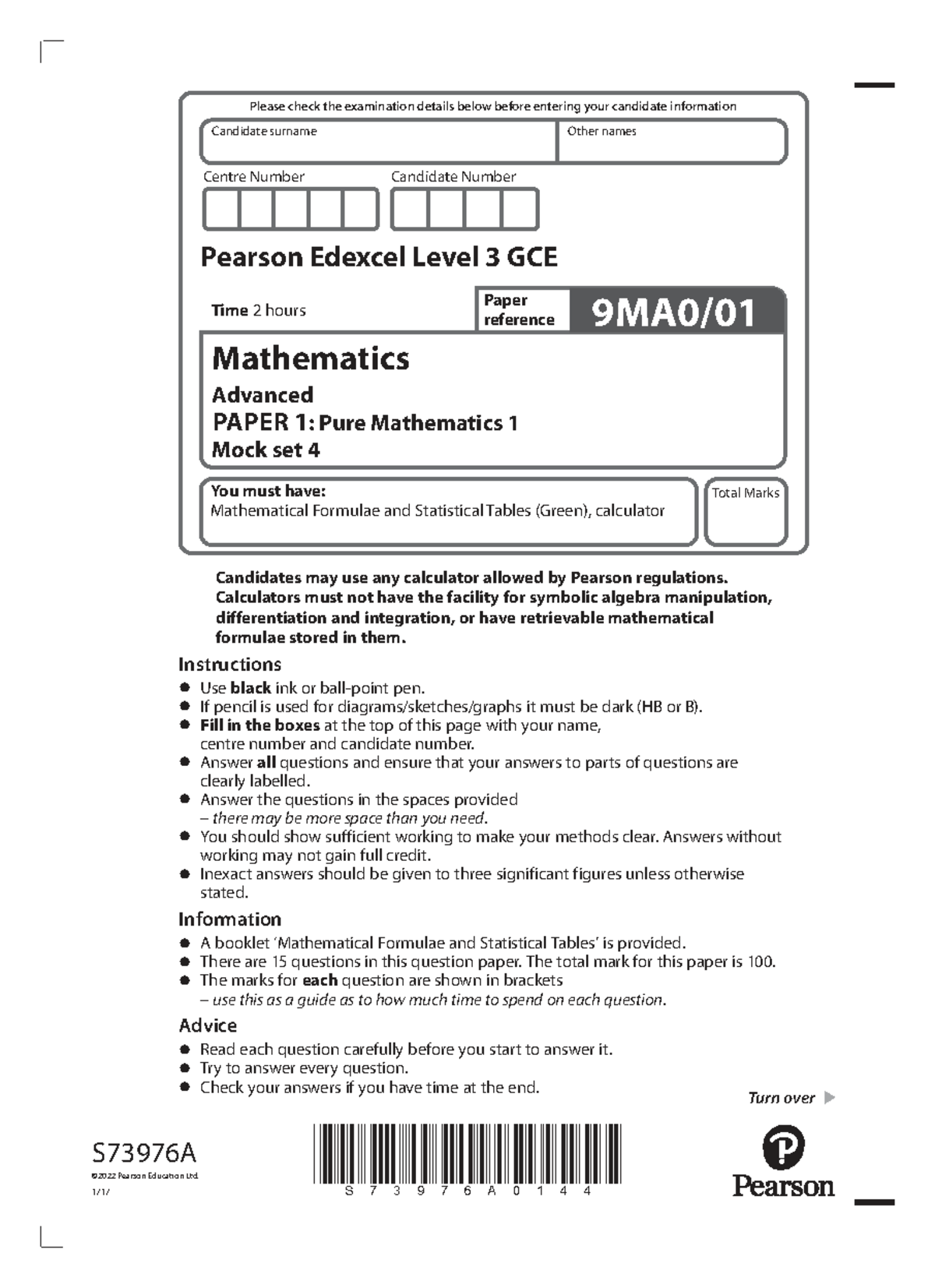 Mathematics Advanced (S73976A) Paper 1: Pure Mathematics 1 Mock Exam ...