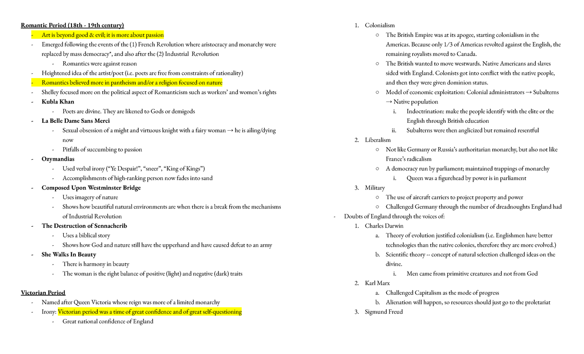 Eng 22 Final Exam Notes: Romantic & Victorian Periods Overview - Studocu