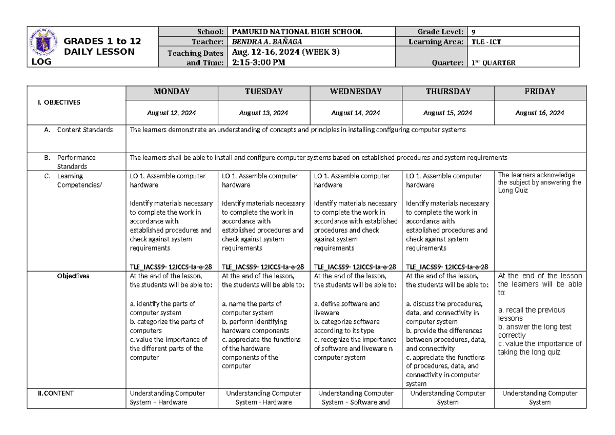 3 DLL TLE 9 Q1 W3 - Daily Lesson Log for TLE ICT Grade 9 Week 3 - Studocu